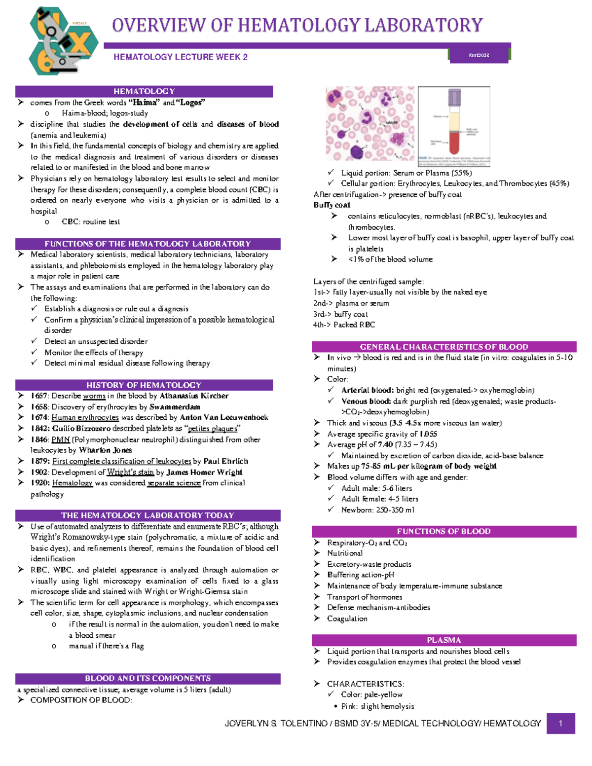 Hematology Lecture Wk 2: Overview of Blood Components & Functions - Studocu