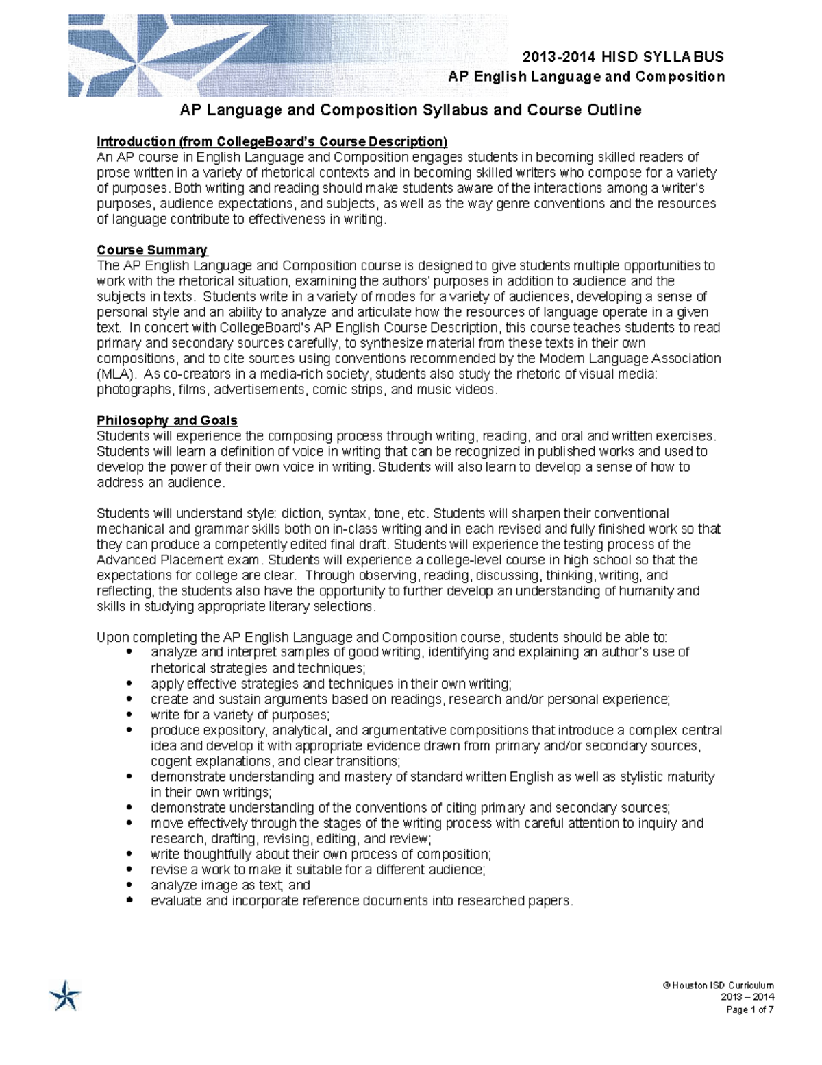 HISD SYLLABUS: AP English Language & Composition Overview - Studocu