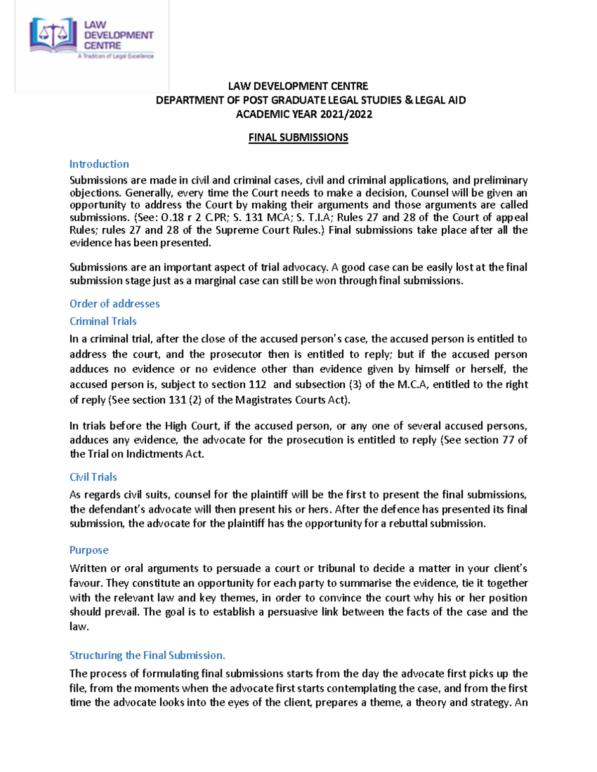 Final Submissions Lecture Notes - PG Legal Studies 2021 - Studocu