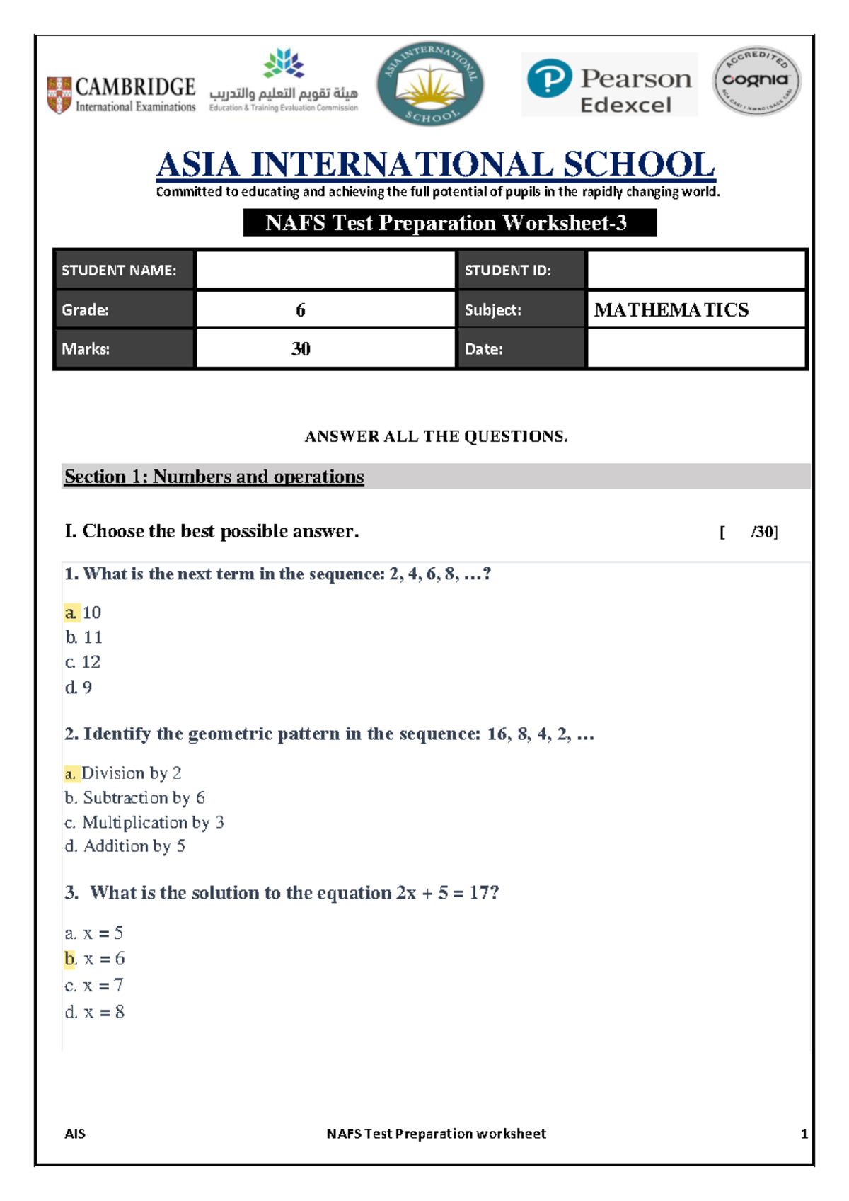 NAFS - MATH Test Prep Worksheet 3 for Grade 6 - Studocu