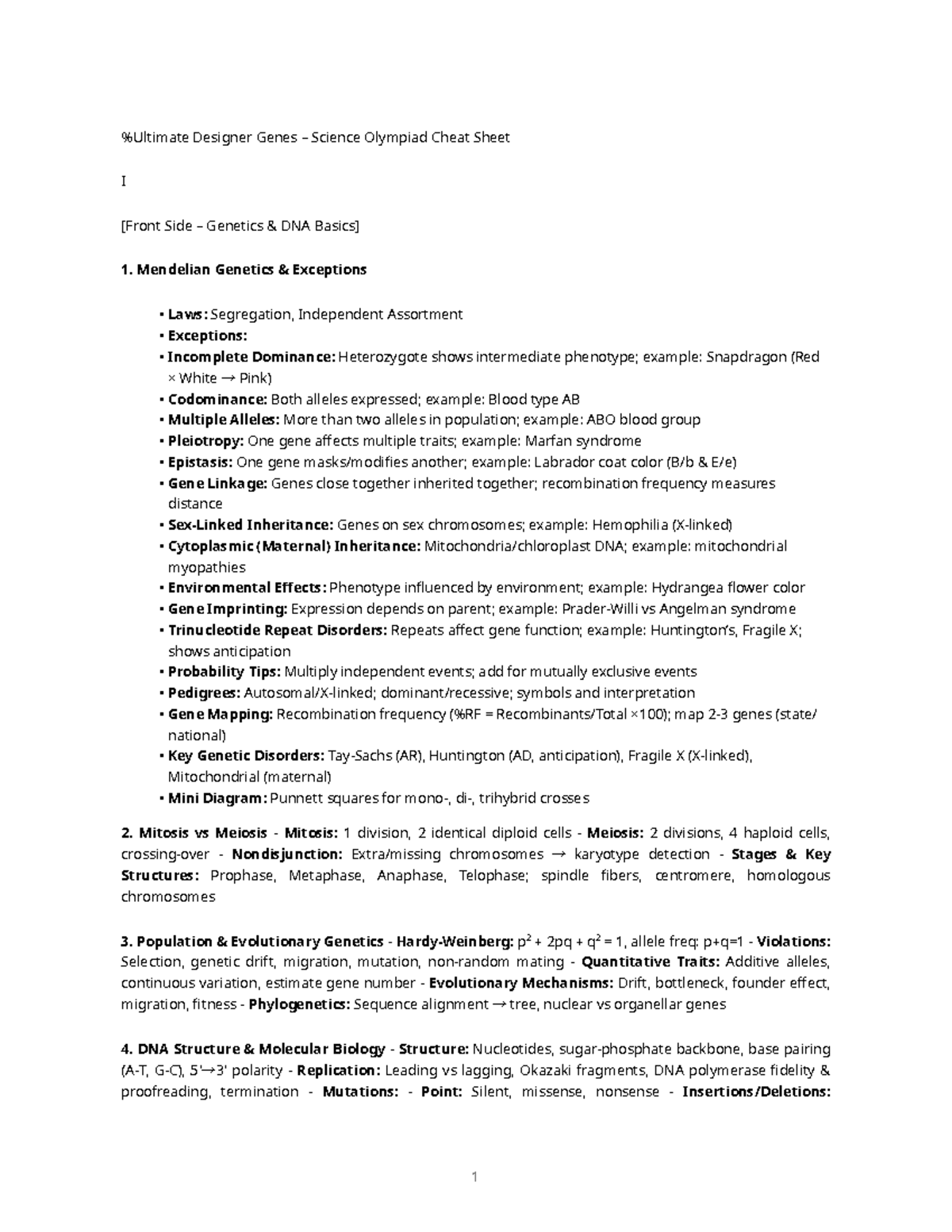Designer Genes Science Olympiad Cheat Sheet I: Genetics Overview - Studocu