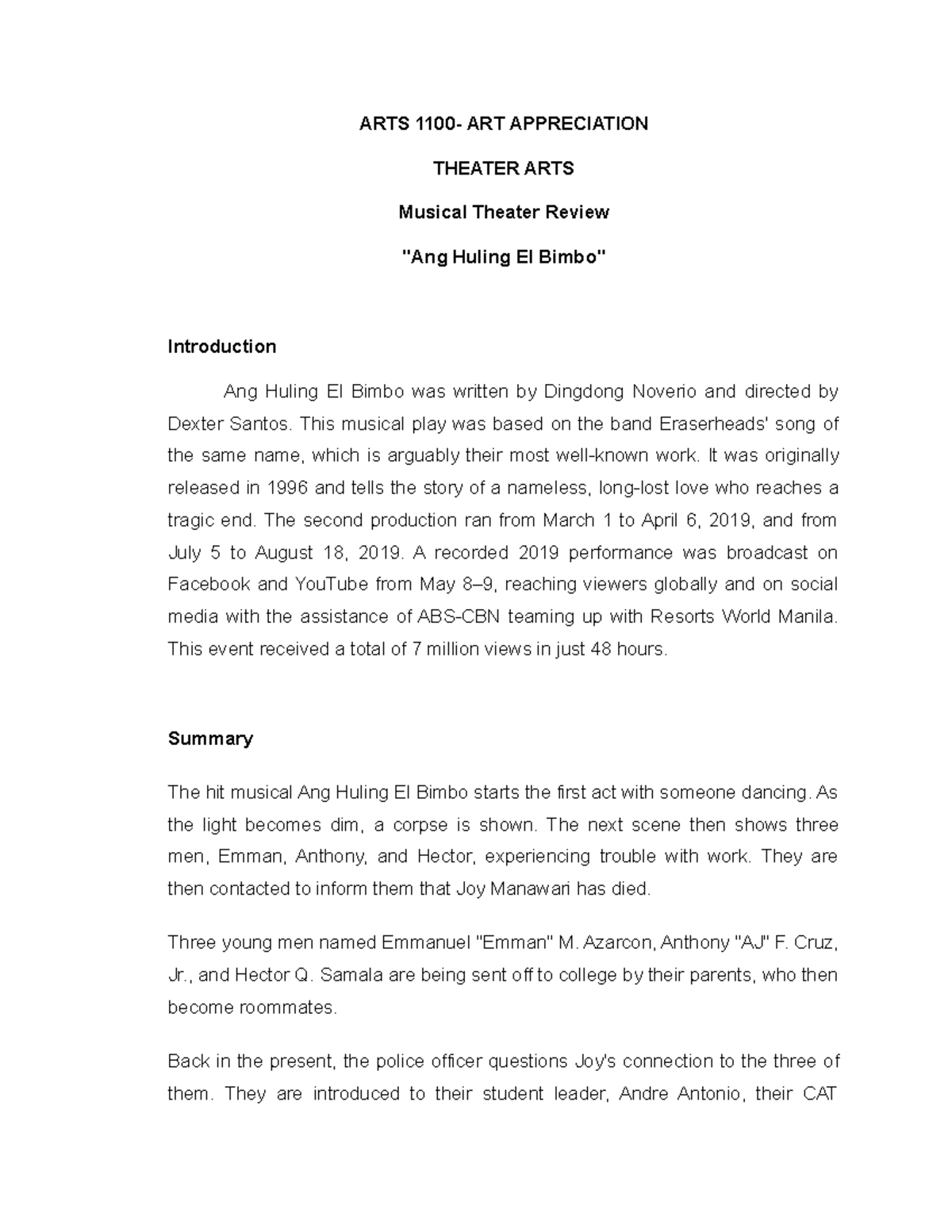 Musical Theater Review Ang Huling El Bimbo-Introduction and Summary - ARTS 1100- ART ...