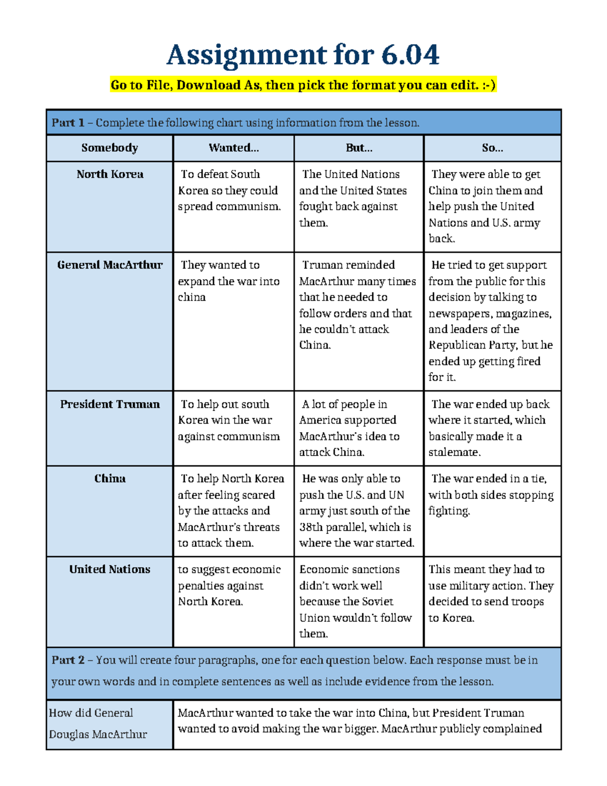 Copy of USH 6 - work - Assignment for 6. Go to File, Download As, then ...