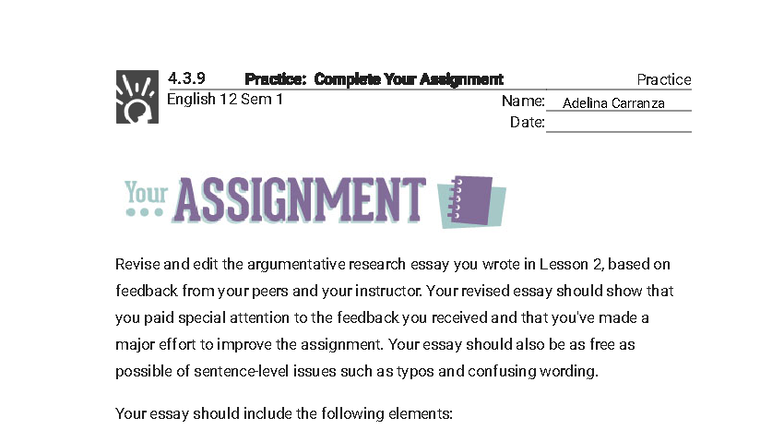 English 12 Sem 1: 4.3.9 Argumentative Essay Revision Guide - Studocu