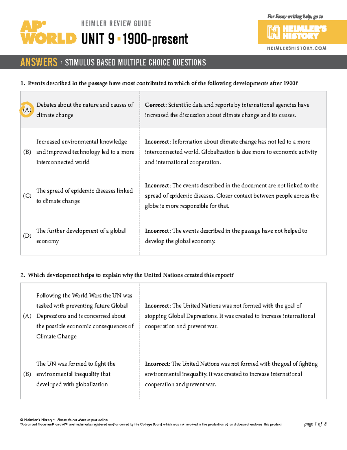 AP World HRG Unit 9 MCQ Stimulus-Based Answers (1900-Present) - Studocu