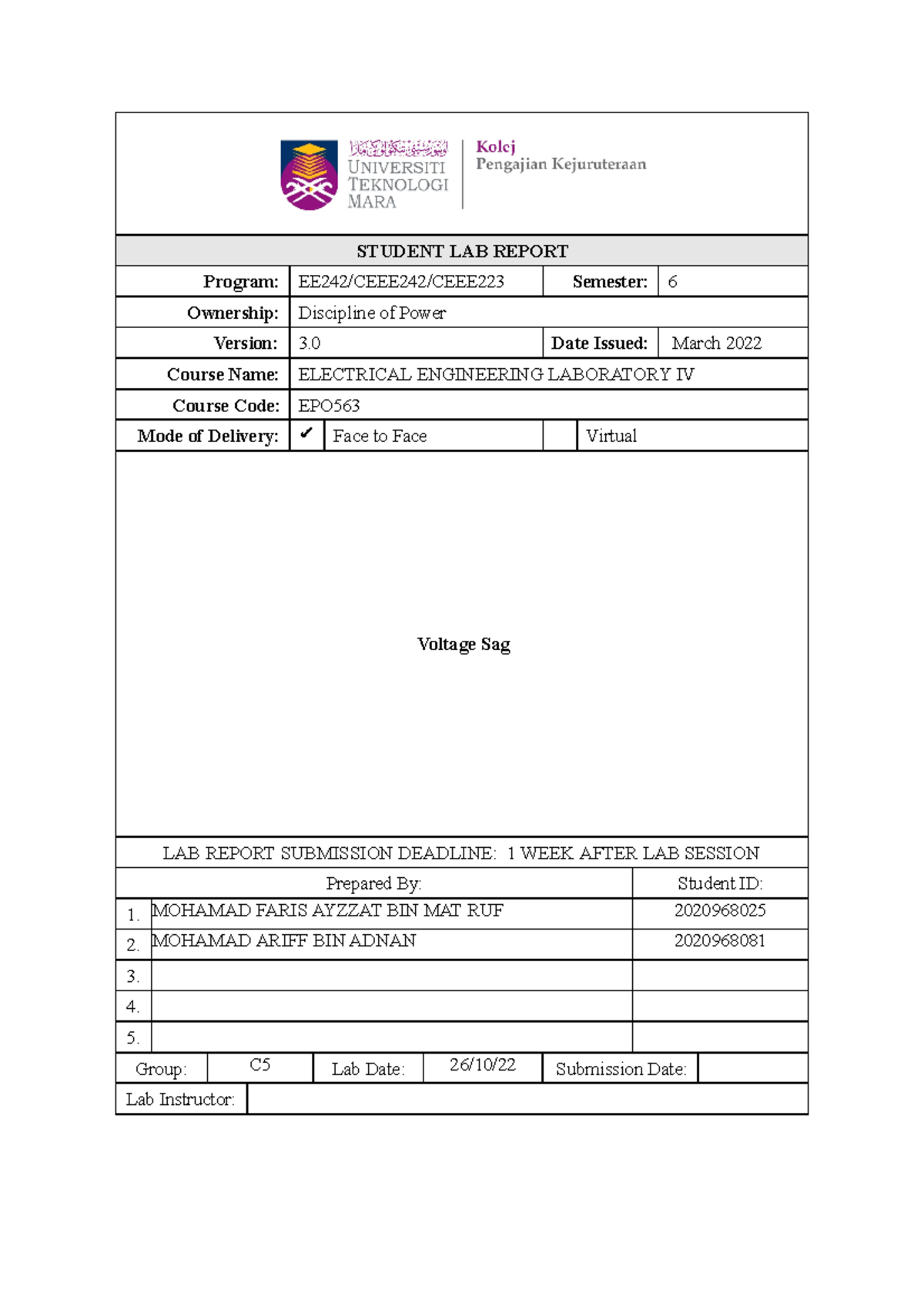 A5 Report PU1 UITM - STUDENT LAB REPORT Program: EE242/CEEE242/CEEE223 ...