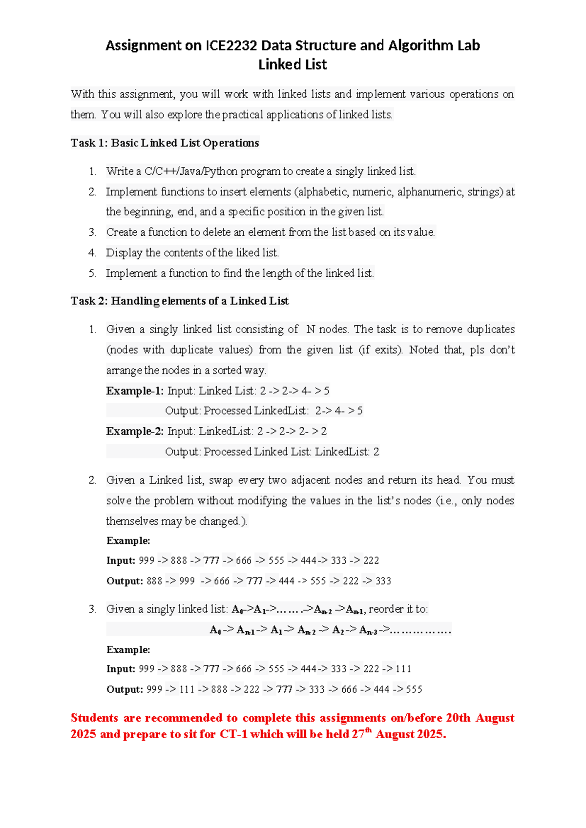 ICE2232 Data Structure Lab Assignment on Linked Lists - Studocu