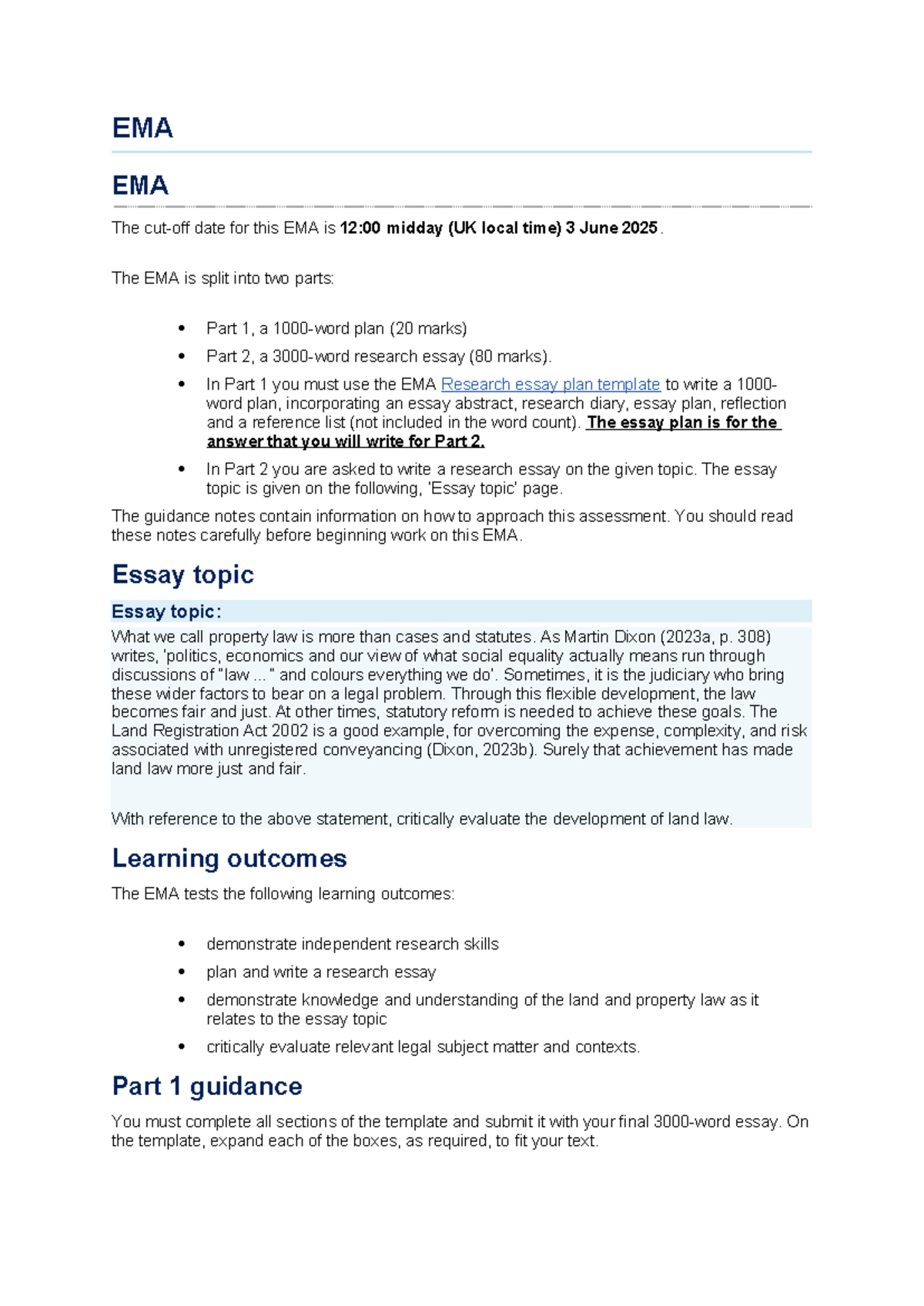 EMA W302: Research Essay Plan and Guidance on Land Law Development ...