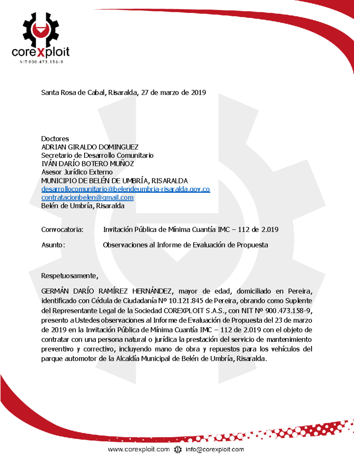 Observaciones al Informe de Evaluación - Invitación Pública IMC 112 ...