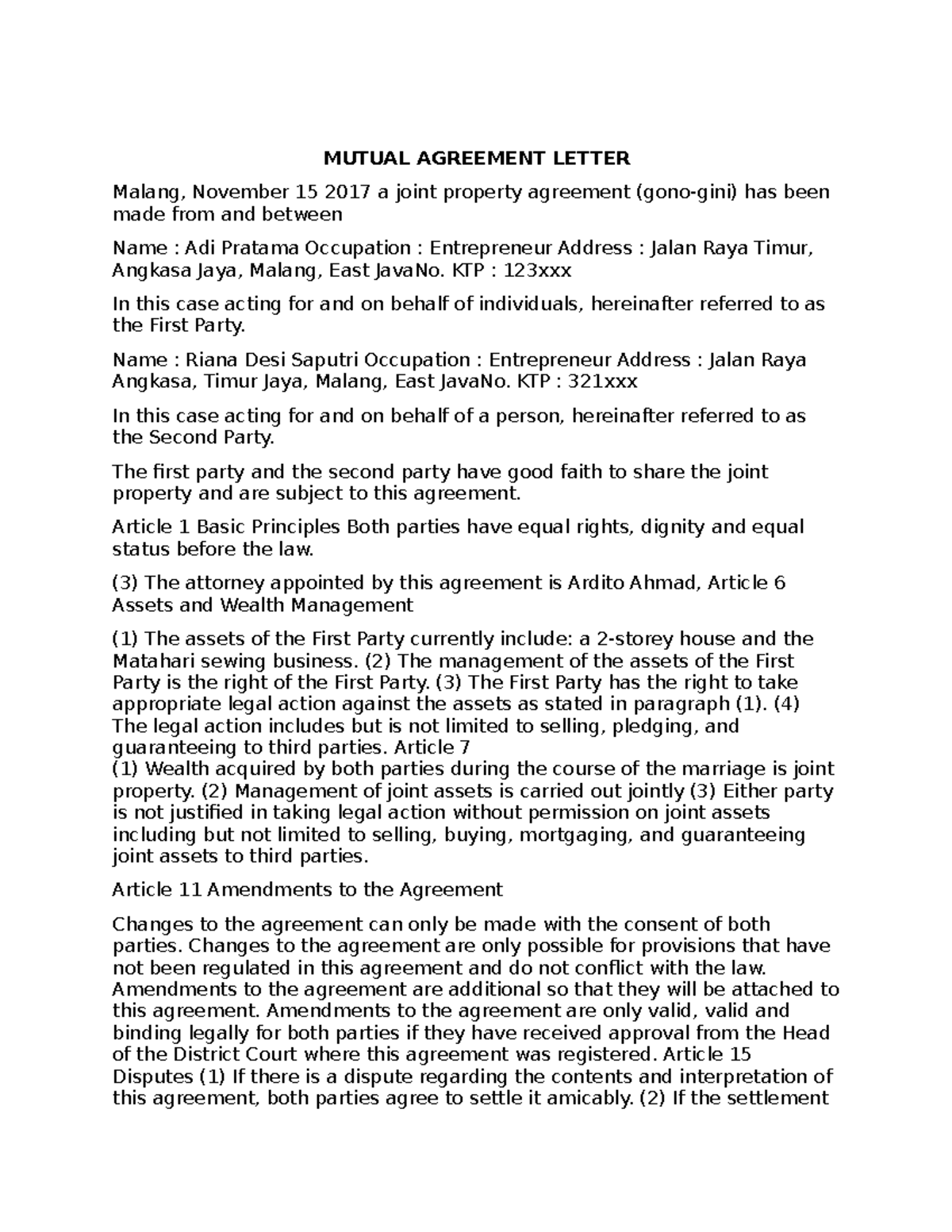 Example of Letter Agreement Mixed Assets - MUTUAL AGREEMENT LETTER ...