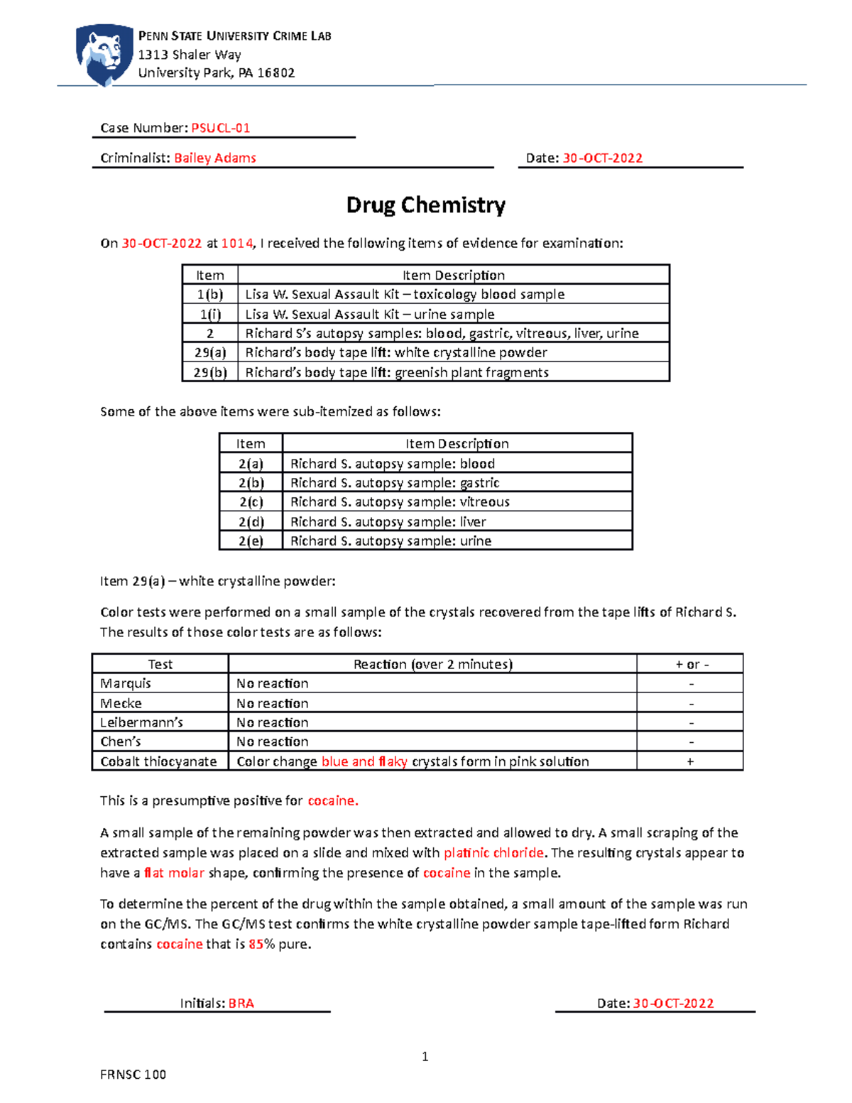 Case Notes - Drug Chem and Tox - PENN STATE UNIVERSITY CRIME LAB 1313 ...
