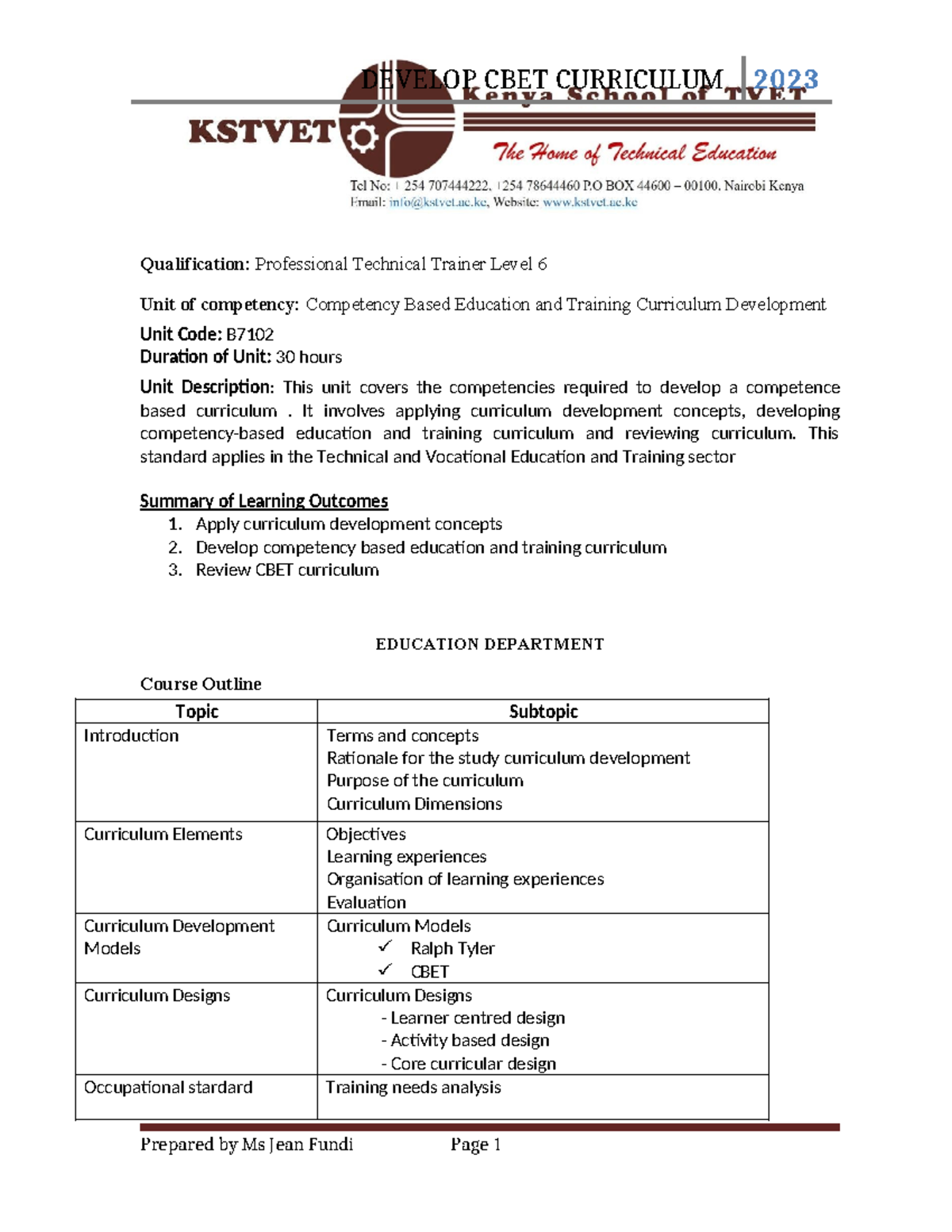 CBET Curriculum Development Notes 2023 - Professional Trainer Level 6 ...