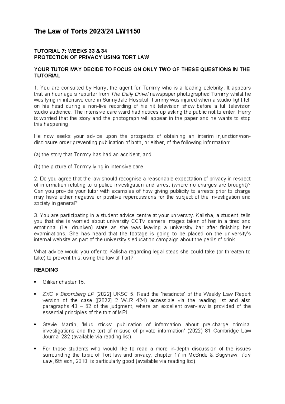 Privacy Protection in Tort Law Tutorial Sheet 2024 LW1150 - Studocu
