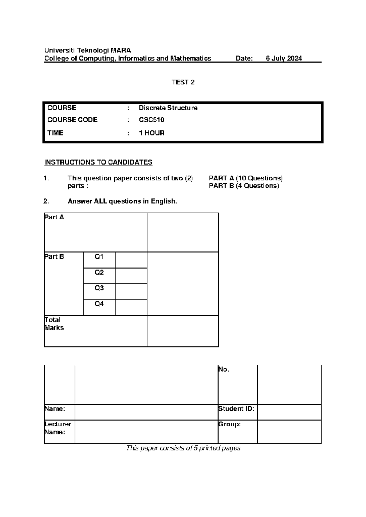 Test 2 Question - Year 2024 - Universiti Teknologi MARA College of ...