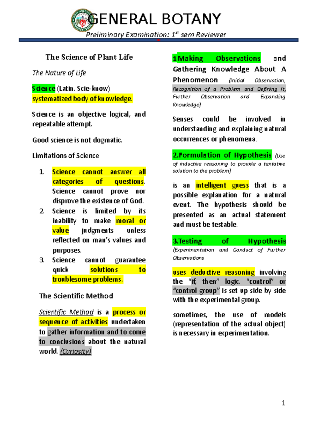Botany 101: 1st Semester Exam Reviewer on Plant Science - Studocu