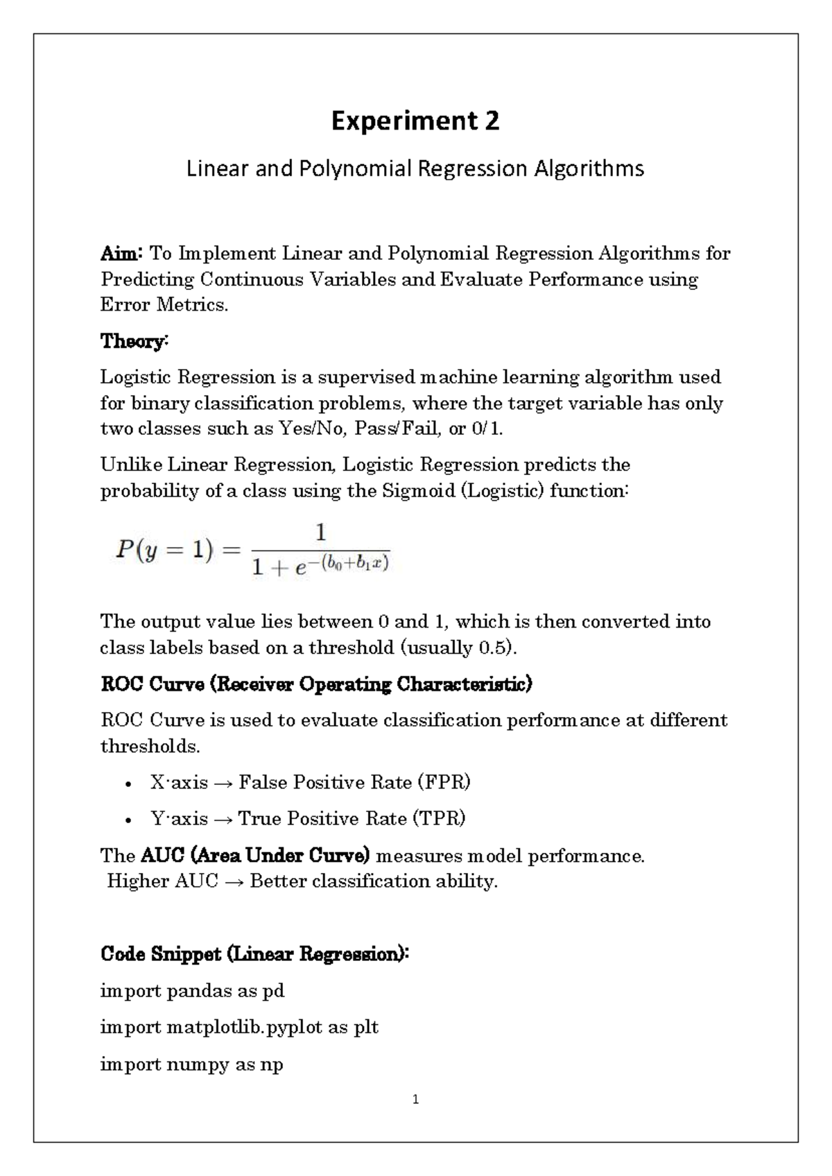 Exp2 AIML - Linear & Polynomial Regression Algorithms Notes - Studocu