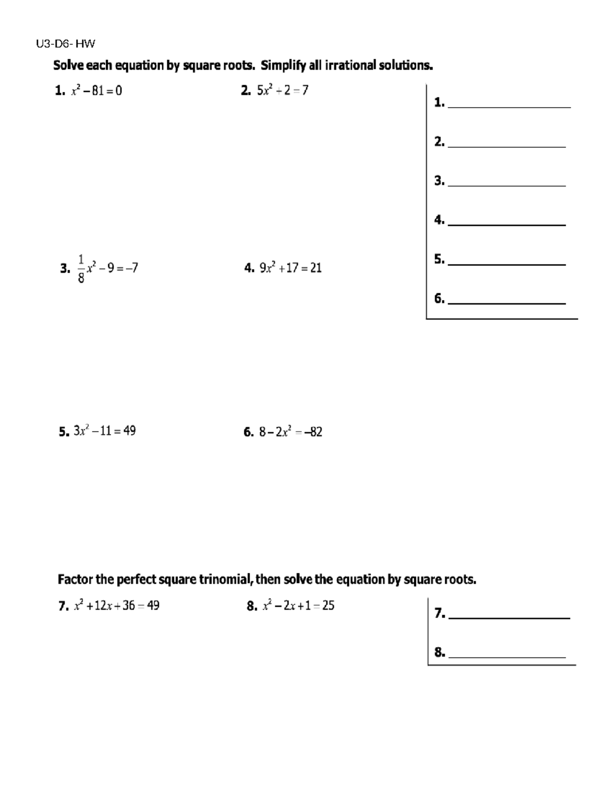 U3-D6-HW - Practice Solving Square Root Equations and Solutions - Studocu
