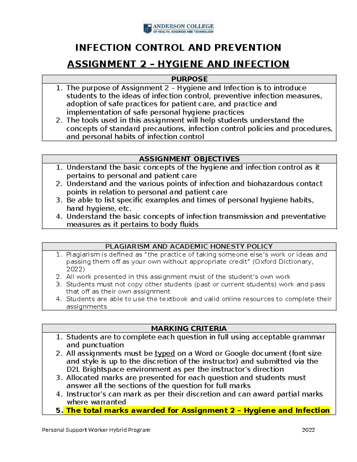 Infection Control & Hygiene - Assignment 2 for PSW Hybrid Program - Studocu