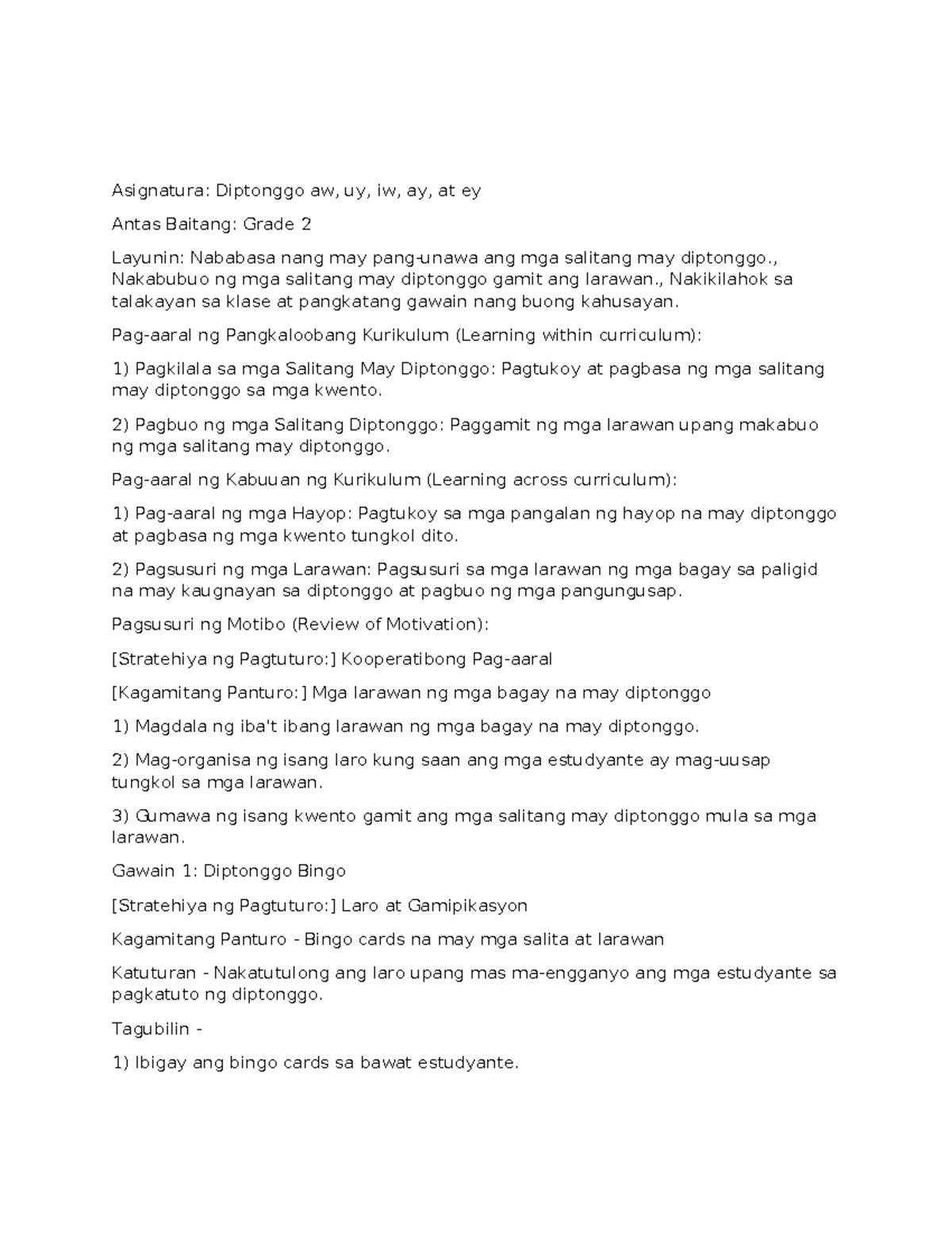 Diptonggo Lesson Plan for Grade 2: Strategies and Activities - Studocu