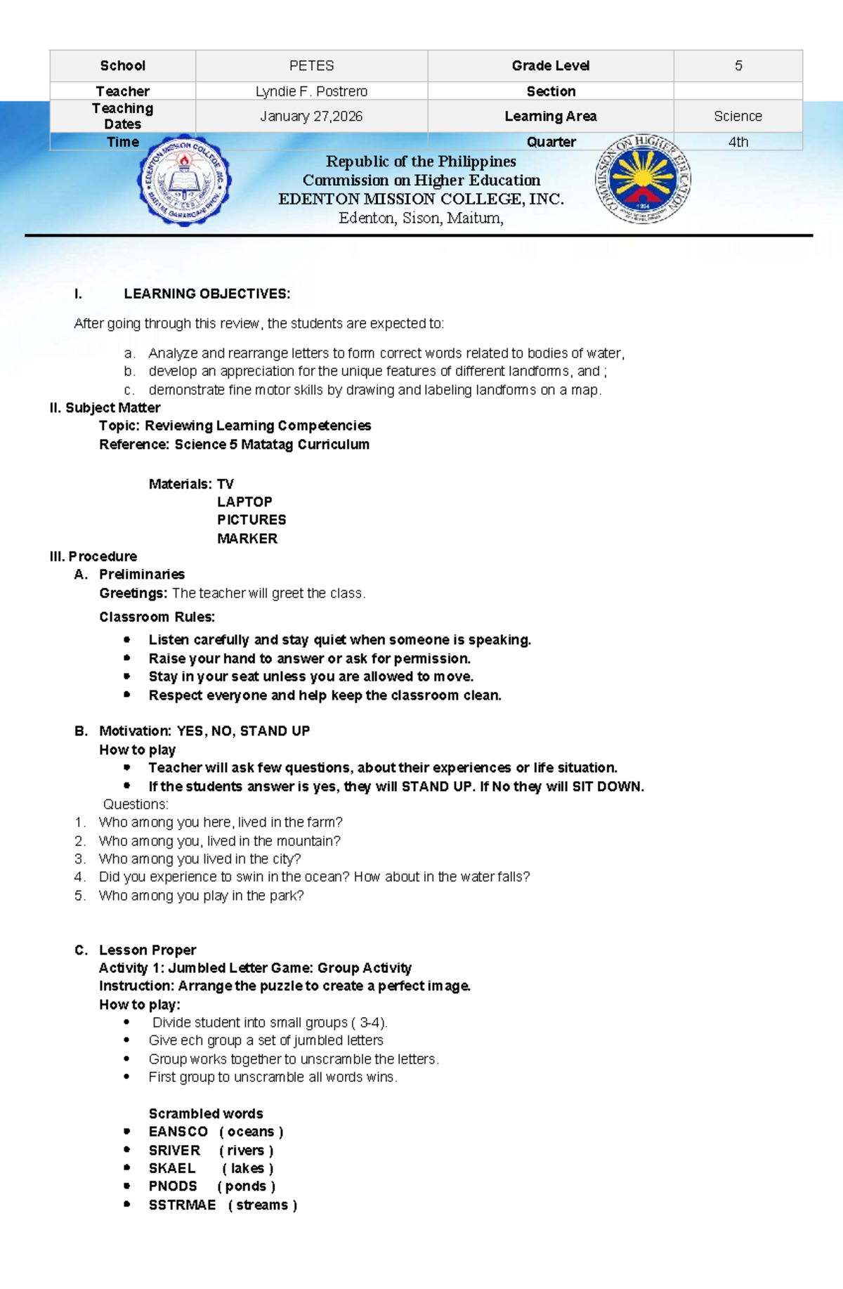 Science 5 Lesson Plan: Exploring Landforms and Water Bodies - Studocu