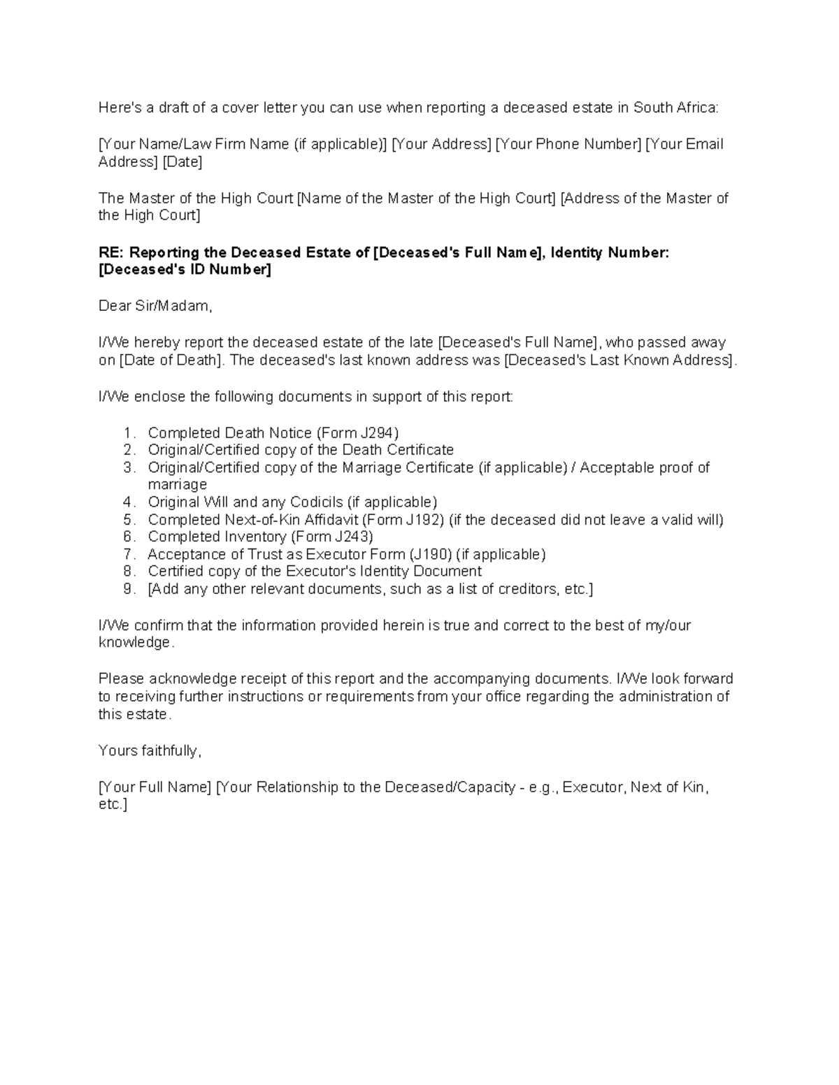 Draft Letter for Reporting a Deceased Estate to the High Court - Studocu