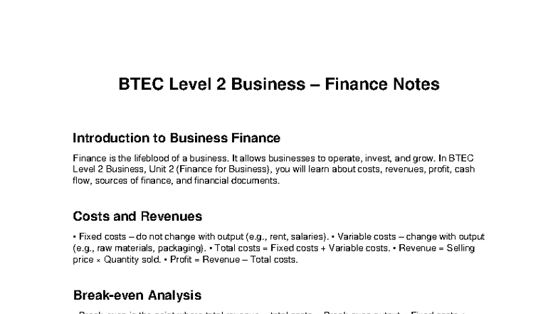 BTEC Level 2 Business Finance: Key Concepts and Notes - Studocu