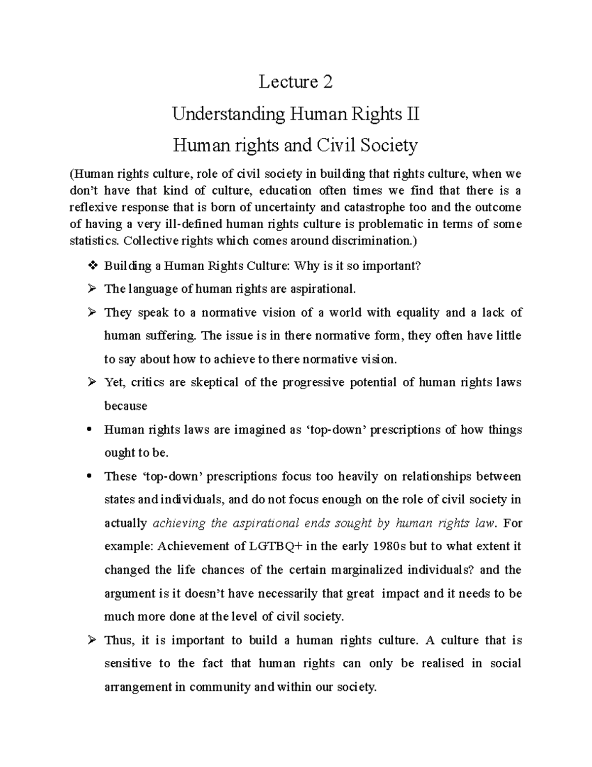 Human Rights & Civil Society: Lecture 2 Notes on Building Culture - Studocu