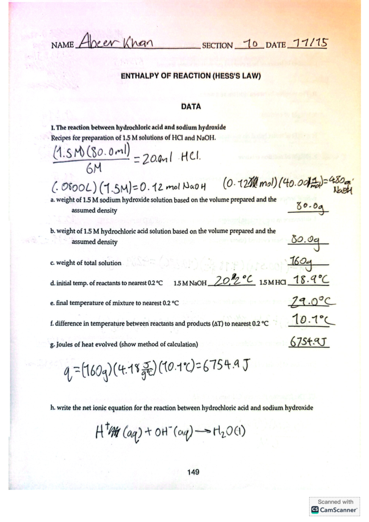 Hess's law lab report - NAME Abeer Khan SECTION 70 DATE ENTHALPY OF ...