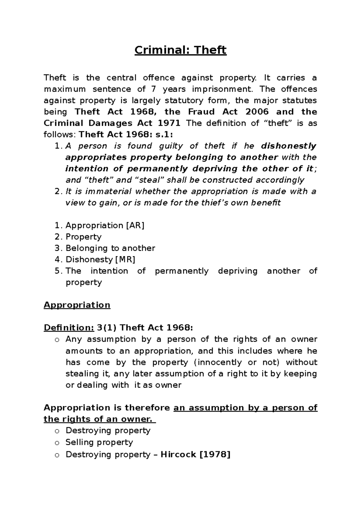 Theft - Criminal: Theft Theft is the central ofence against property ...