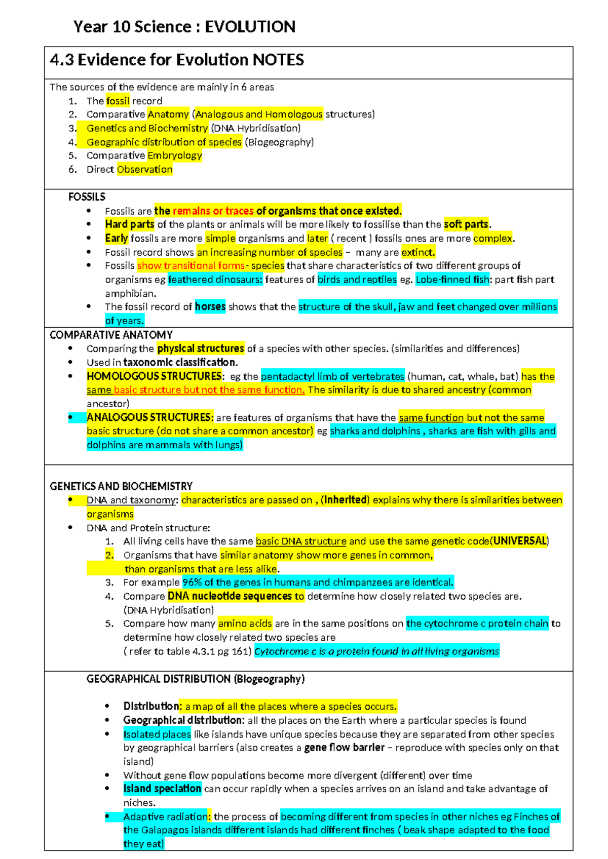 Year 10 Science: 4.3 Evidence for Evolution Study Notes - Studocu