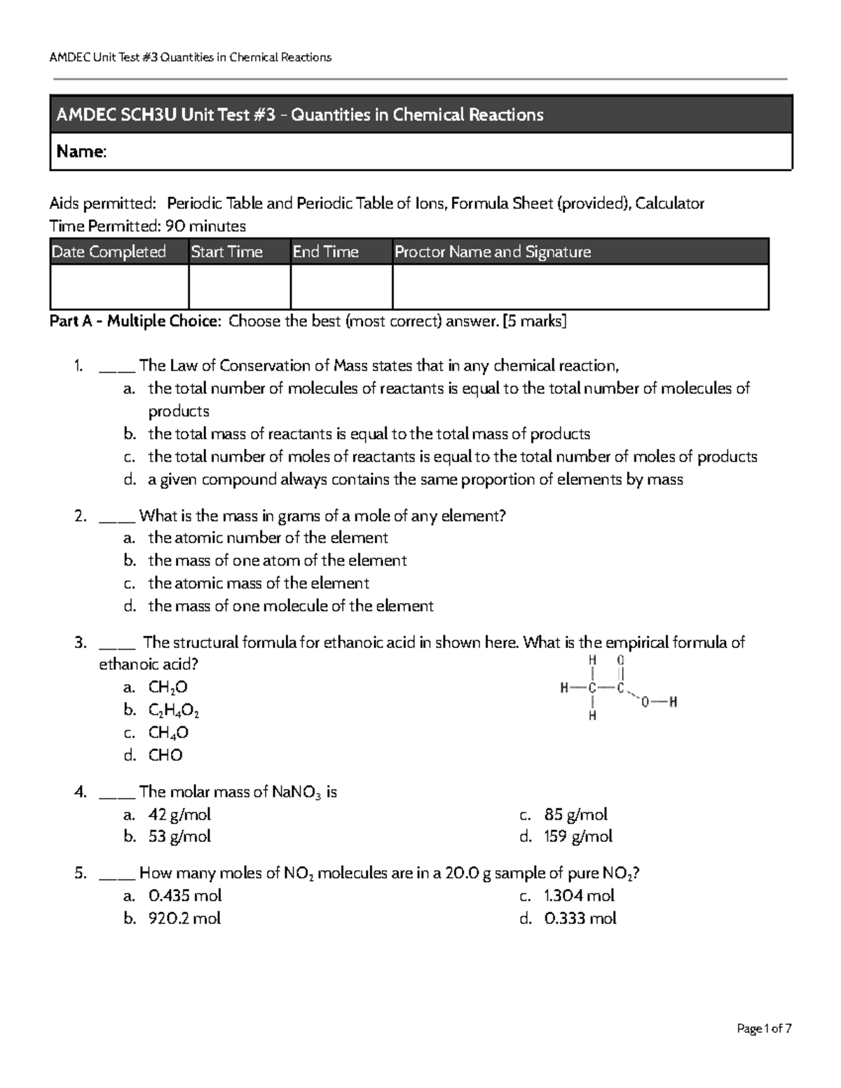 Amdec SCH3U Unit Test #3 - Quantities in Chemical Reactions - AMDEC ...