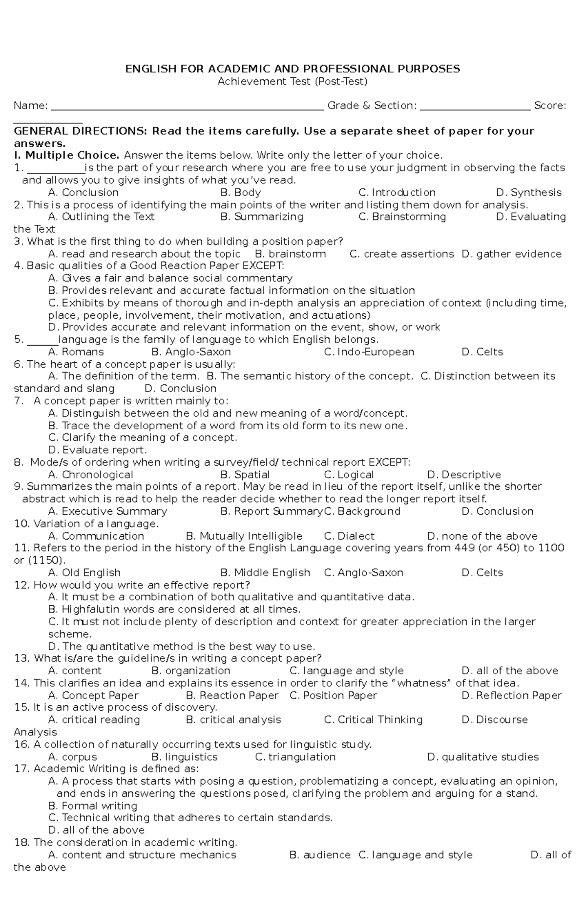 EAPP Achievement Test Post-Test Answer Key Guide - Studocu
