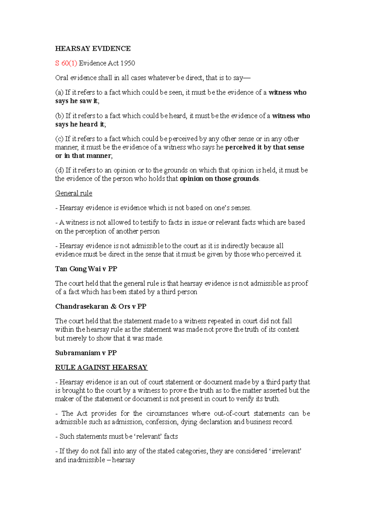 Hearsay Evidence: Critical Notes on Legal Principles & Cases - Studocu
