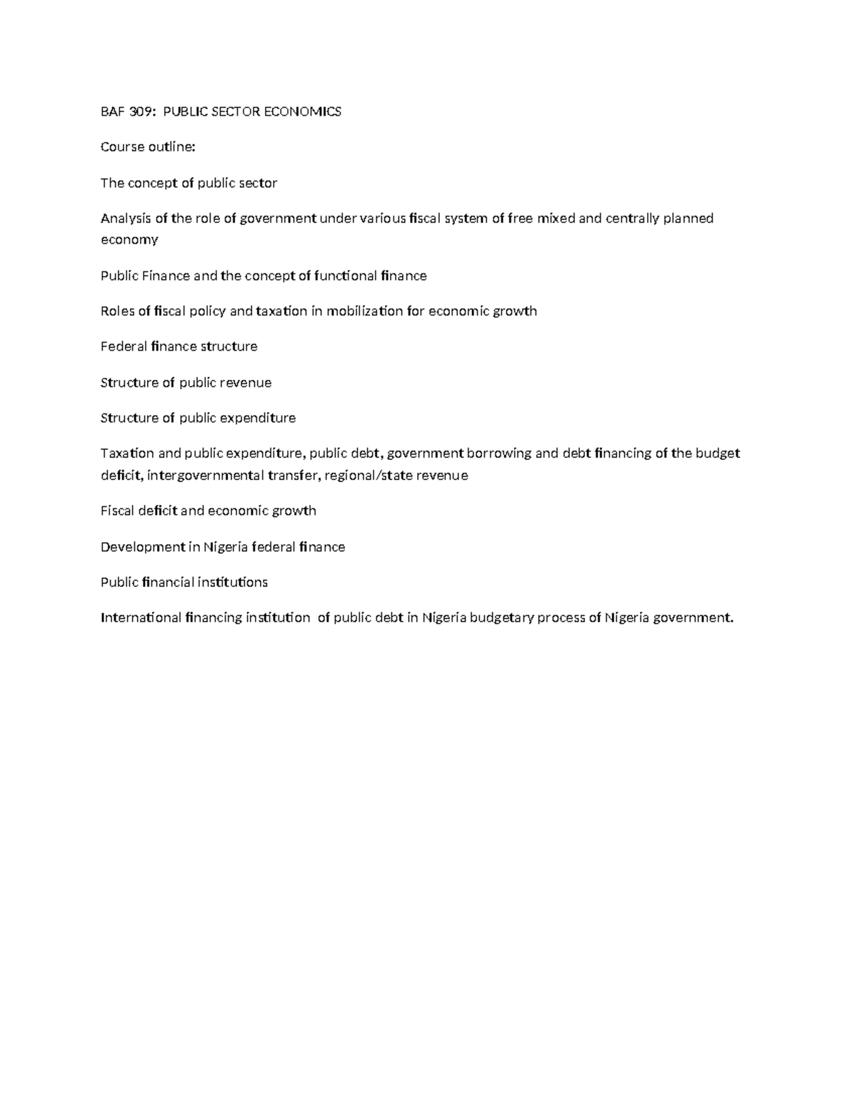 BAF 309: Public Sector Economics Course Outline and Key Concepts - Studocu