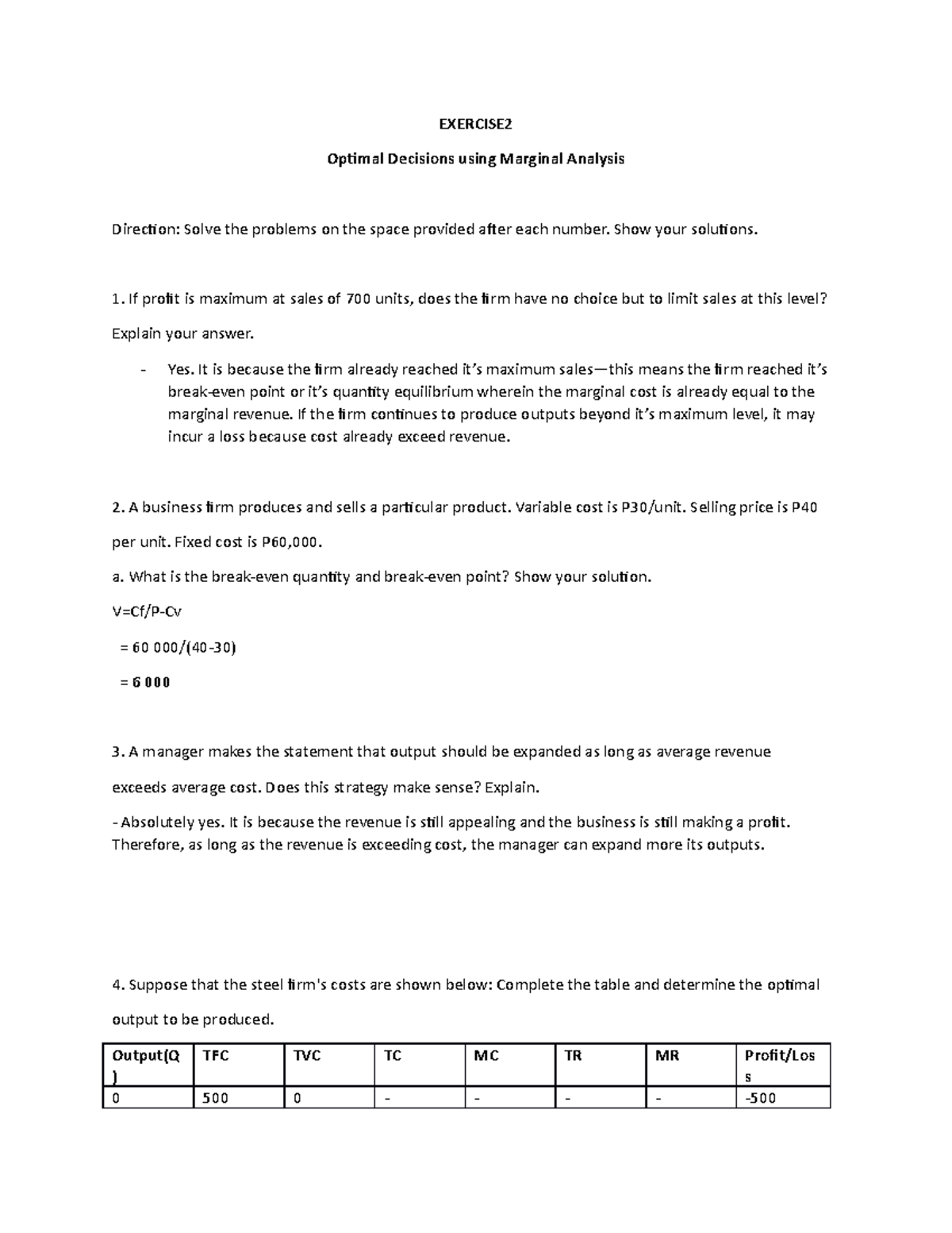 Man Econ Exercise 2 - Marginal Analysis and Optimal Decisions - Studocu