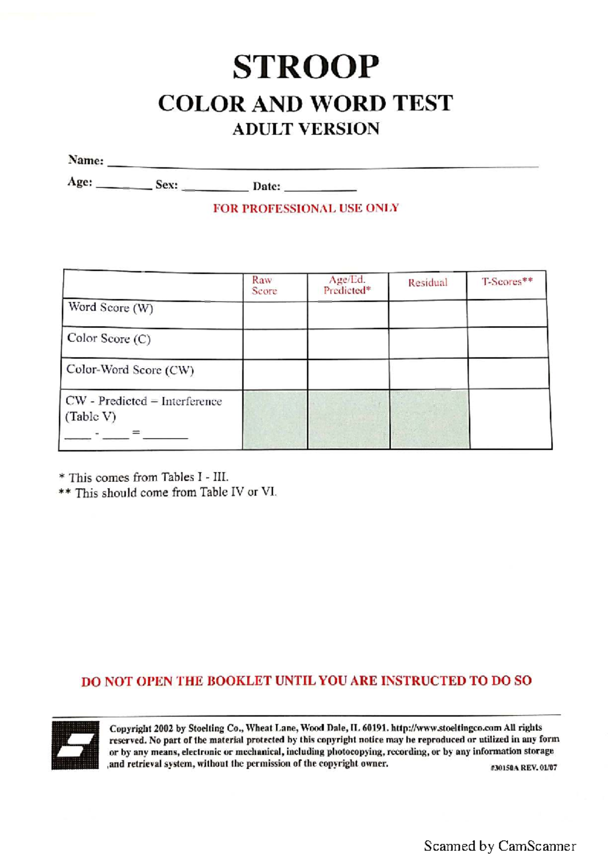 Stroop Color and Word Test Manual (30150M) - Adult Version - Studocu