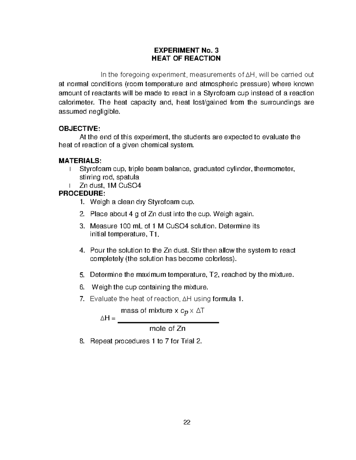 BSEE-1B Chemistry Lab: Heat of Reaction Experiment No. 3 - Studocu