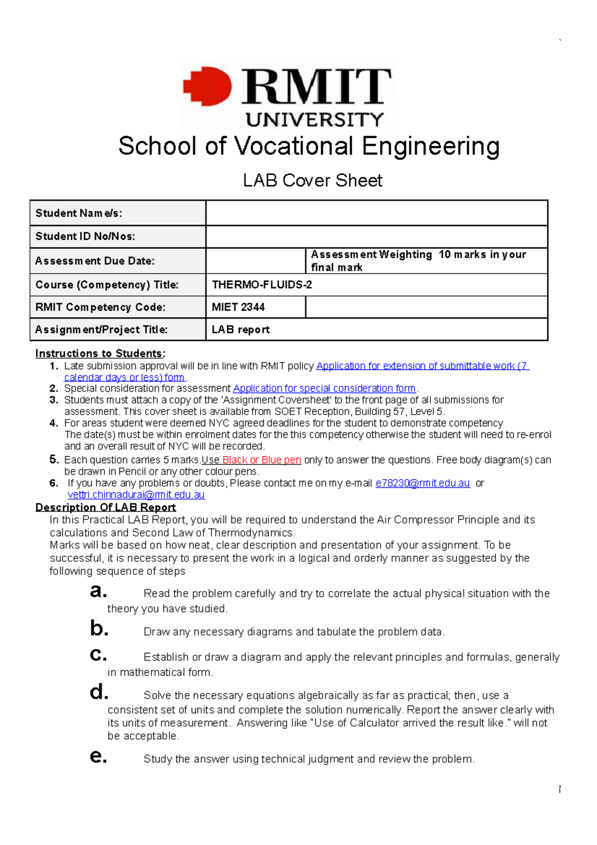 12345 MR4A Compressor lab report 1 - ` School of Vocational Engineering ...