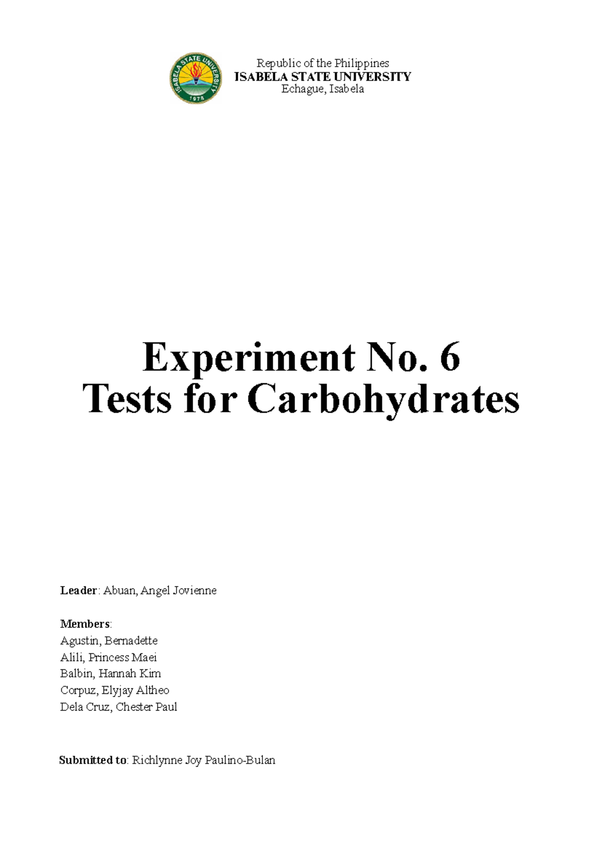 Lab Report 6: Qualitative Tests for Carbohydrates at ISABELA STATE ...