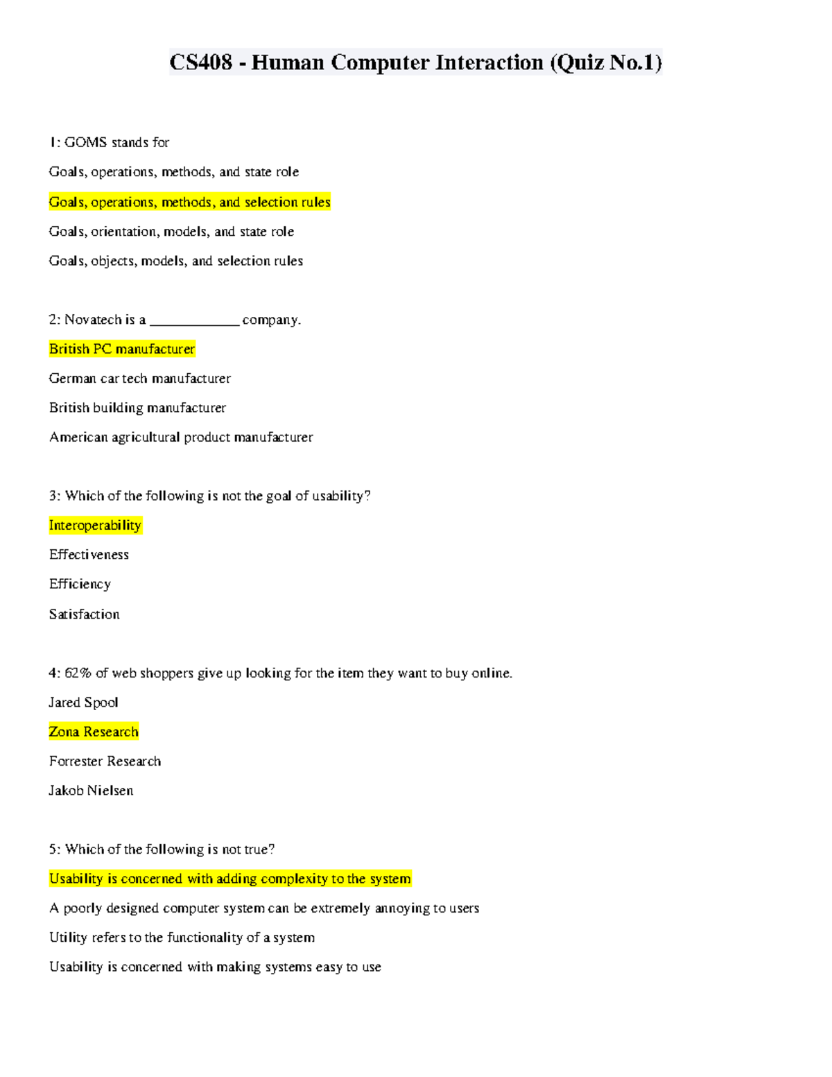 CS408 - Human Computer Interaction (Quiz No. 1) Study Guide - Studocu