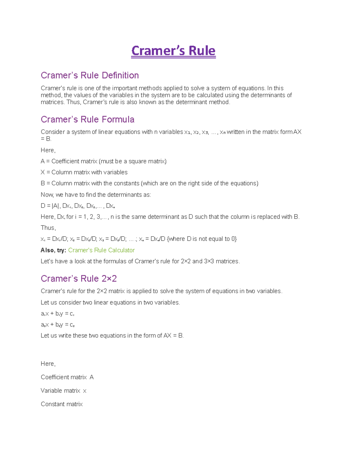 Cramer rule assignment - Cramer’s Rule Cramer’s Rule Definition Cramer ...