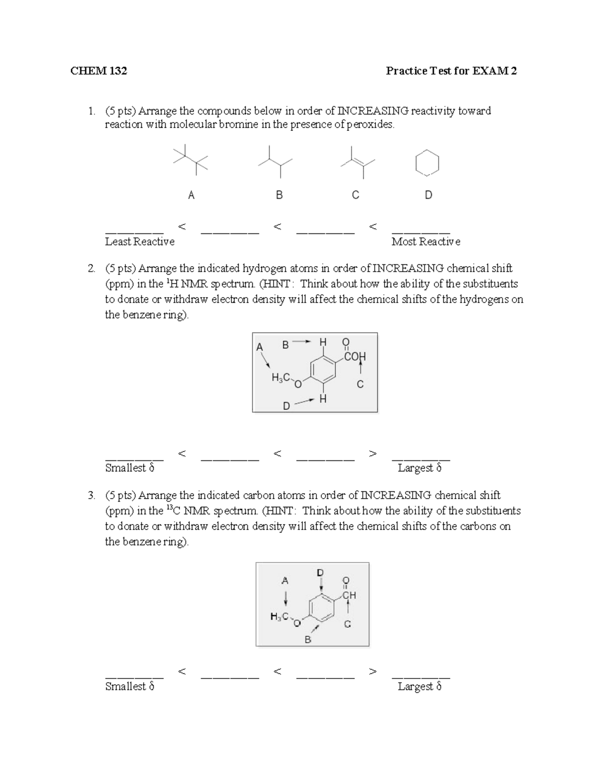 CHEM 132 Practice Test for Exam 2: Reactivity & NMR Analysis - Studocu