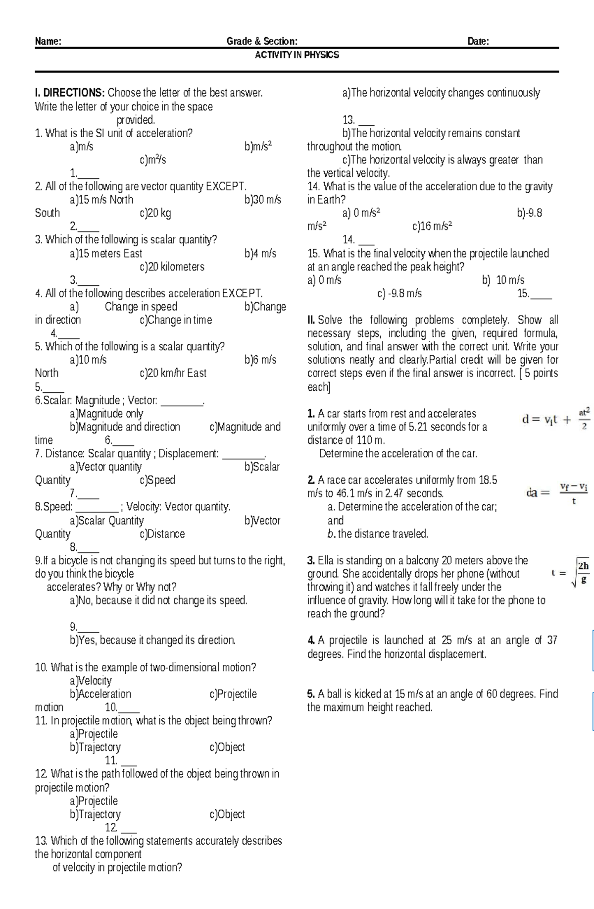 Physics 101: Long Test on Motion and Acceleration Concepts - Studocu