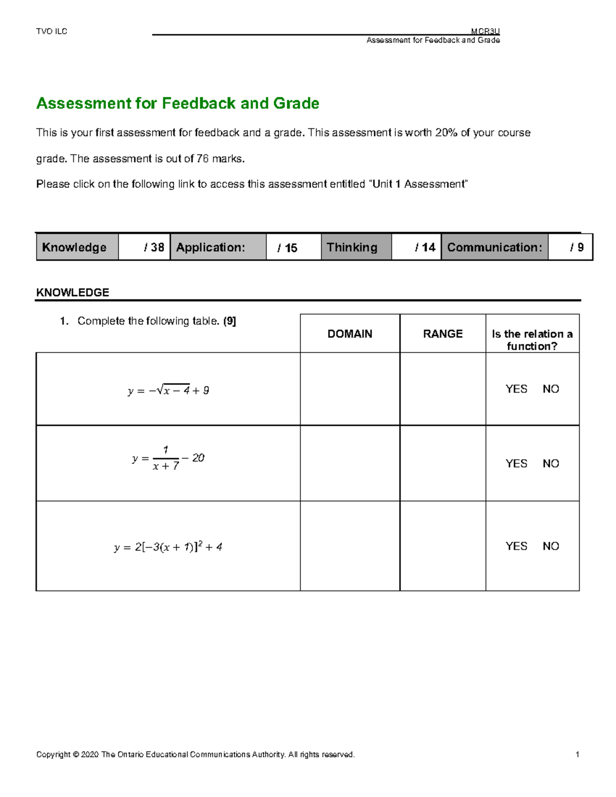 Mcr3u 01 - Grade 11 Math Assessment for Feedback & Grade - Studocu