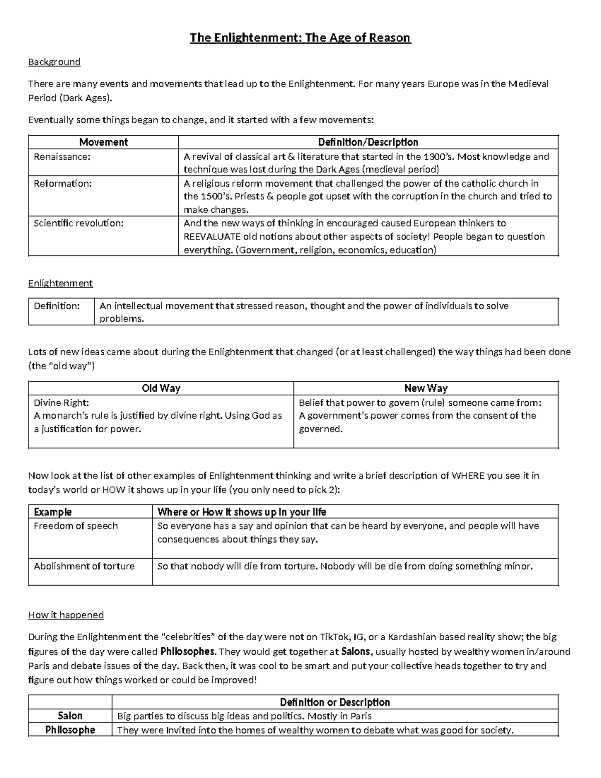 The Enlightenment Notesheet - Typing - The Enlightenment: The Age of ...