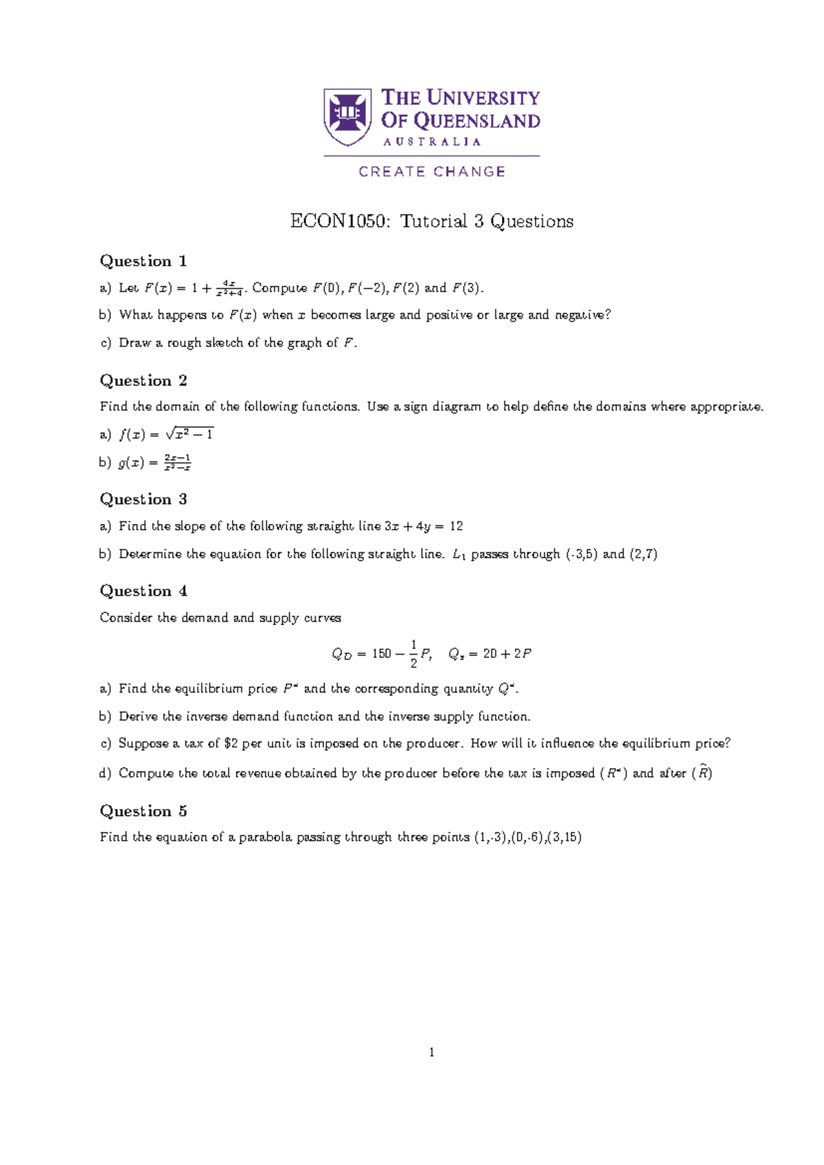 ECON1050 tut 3 Q - Summary mathematics - ECON1050: Tutorial 3 Questions ...