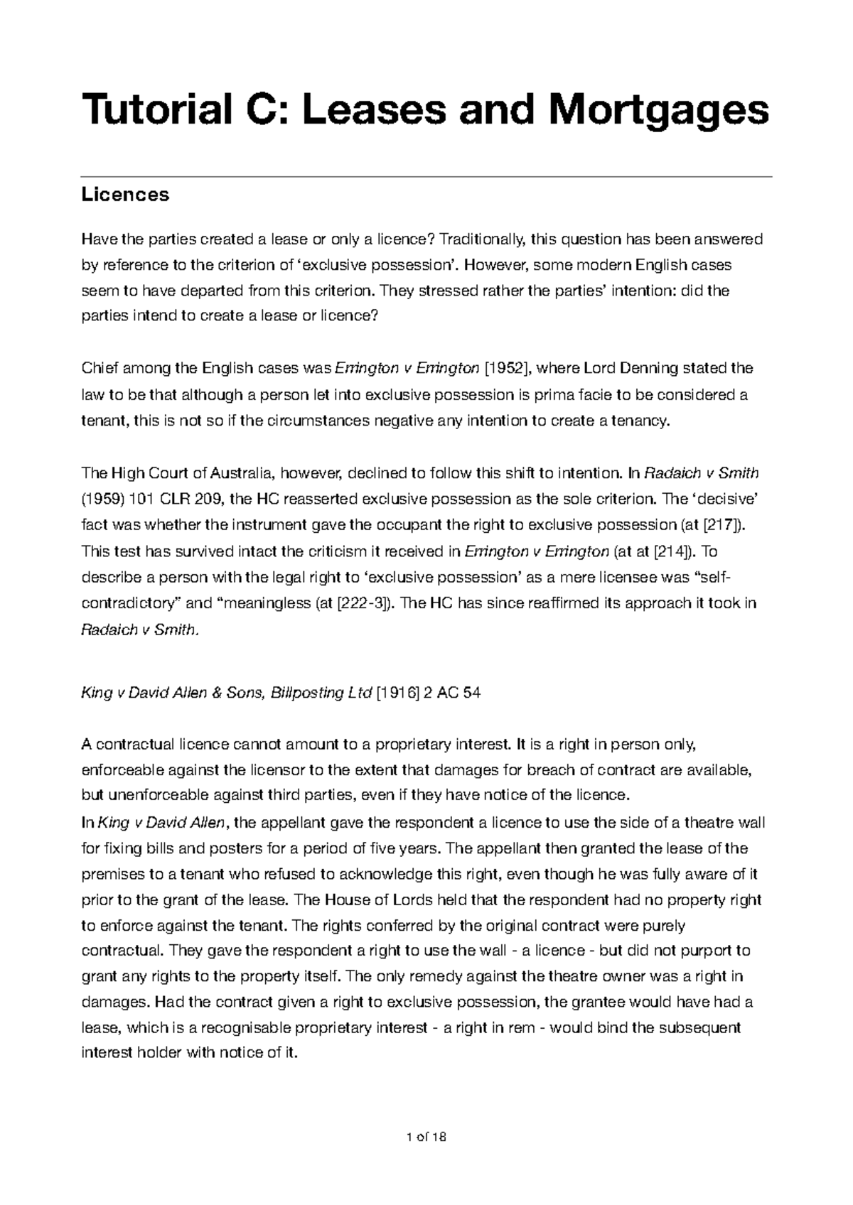 Tutorial C: Understanding Leases and Mortgages in Law - Studocu