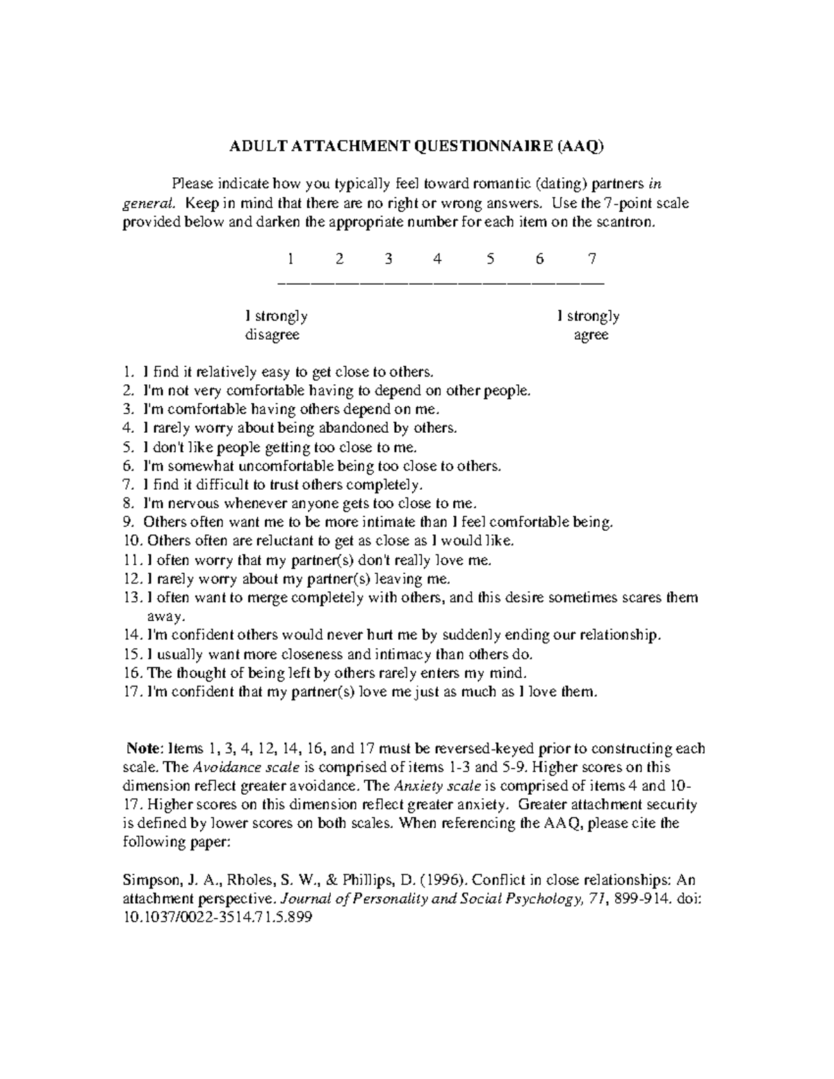 Adult Attachment Questionnaire (AAQ) for Relationship Insights - Studocu