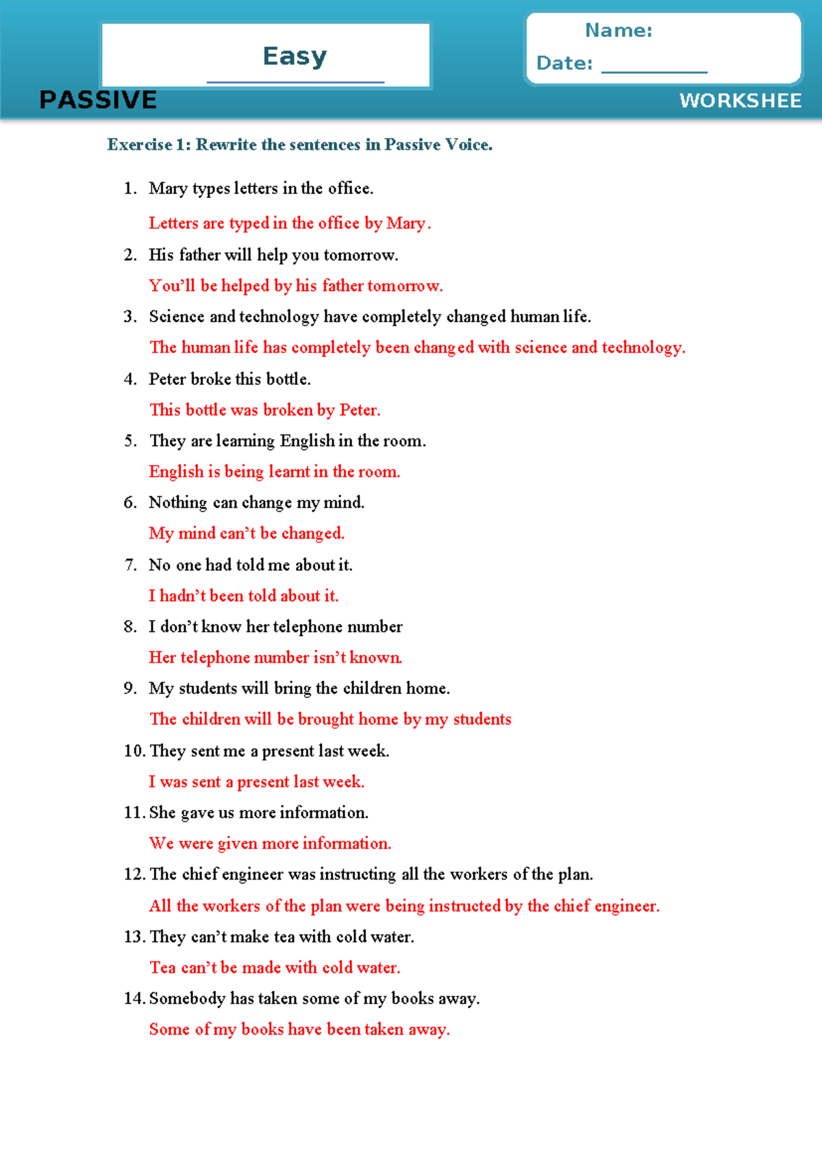 Passive Voice 1 Answer KEY - Easy grammar Date ...