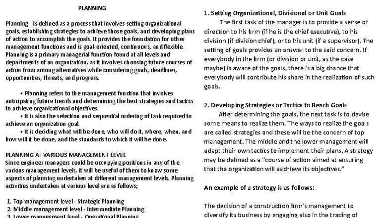 PLANNING AND ORGANIZING: A Comprehensive Overview of Management Functions - Studocu
